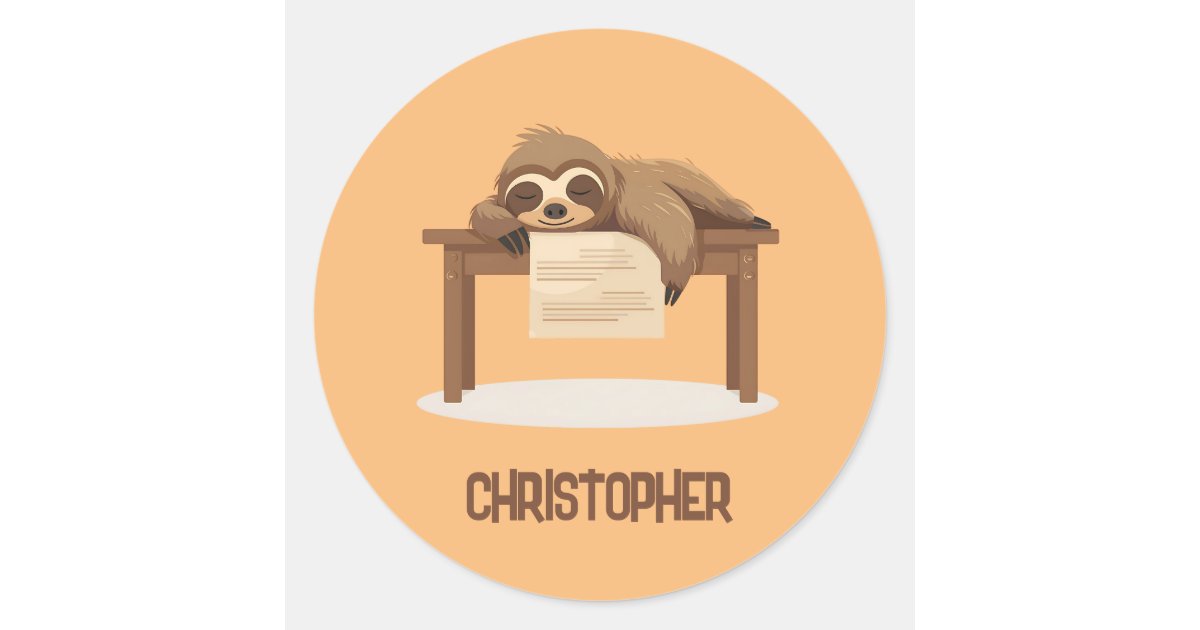 Adorable Sleepy Studying Sloth with Kids Name Classic Round Sticker ...