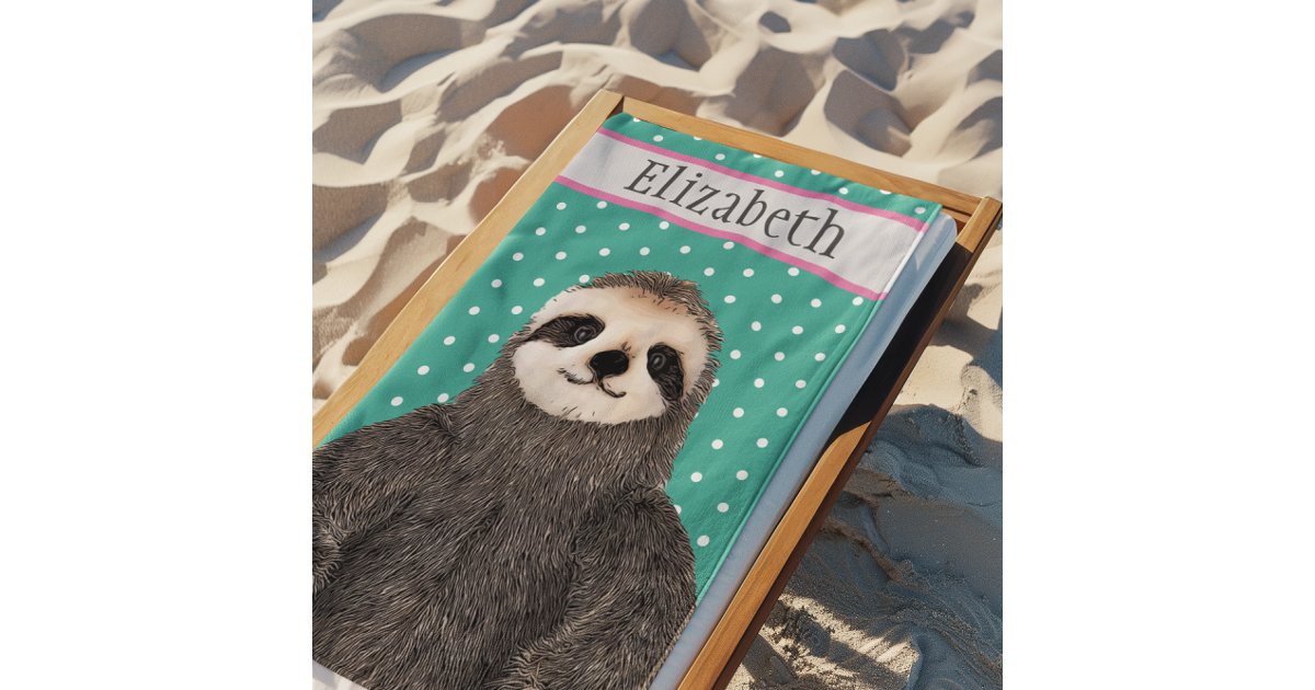 Adorable Sloth Teal Name Kid's Animal Beach Towel | Zazzle