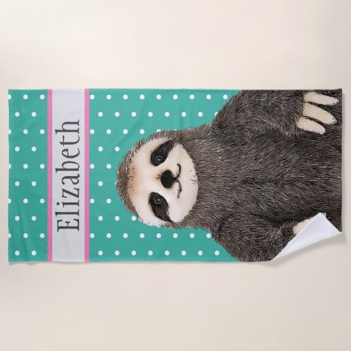 Adorable Sloth Teal Name Kid's Animal Beach Towel | Zazzle
