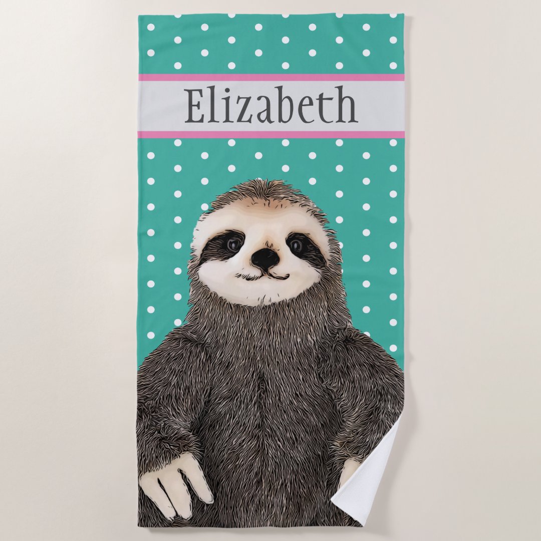 Adorable Sloth Teal Name Kid's Animal Beach Towel | Zazzle