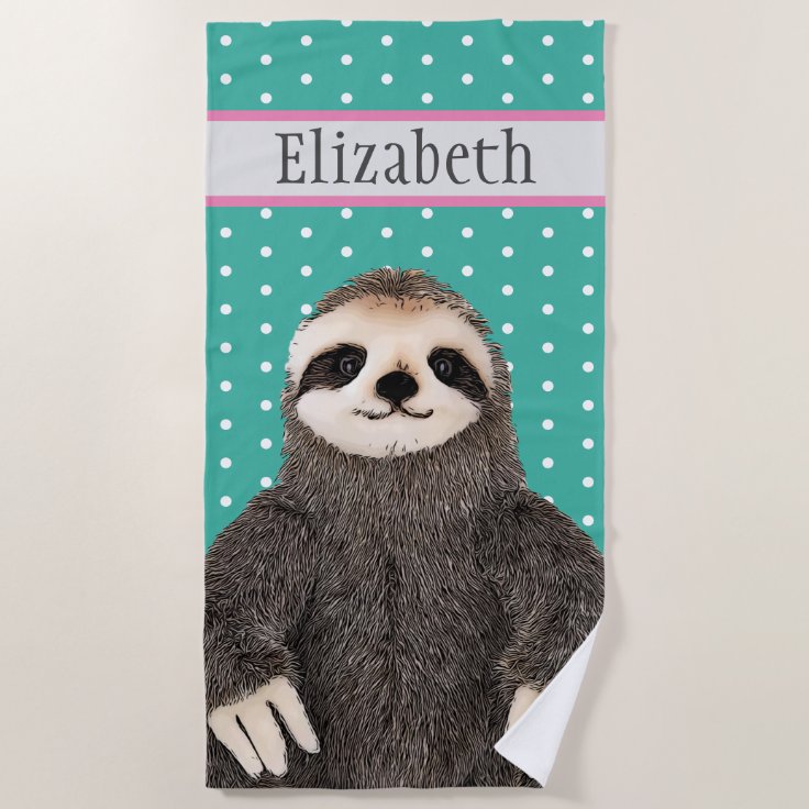 Adorable Sloth Teal Name Kid's Animal Beach Towel | Zazzle