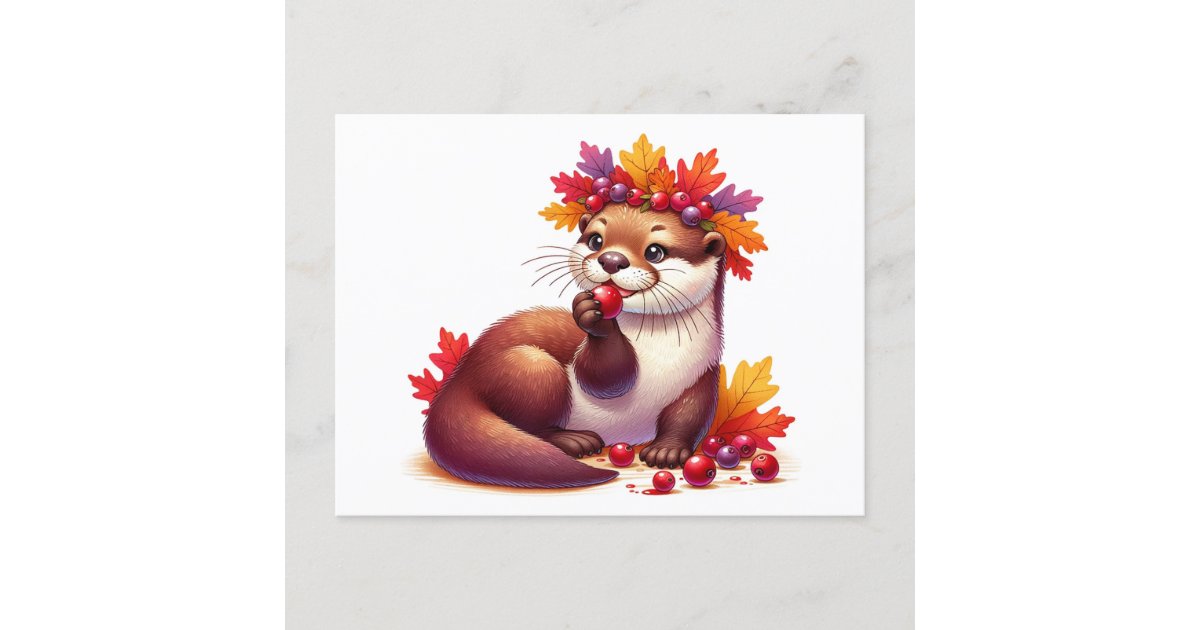 Adorable Thanksgiving Otter with Cranberries Postcard | Zazzle