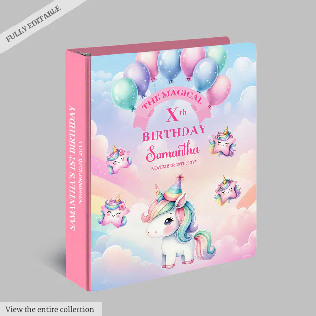 Adorable Unicorn Rainbow Girl Birthday Ring Binder | Zazzle