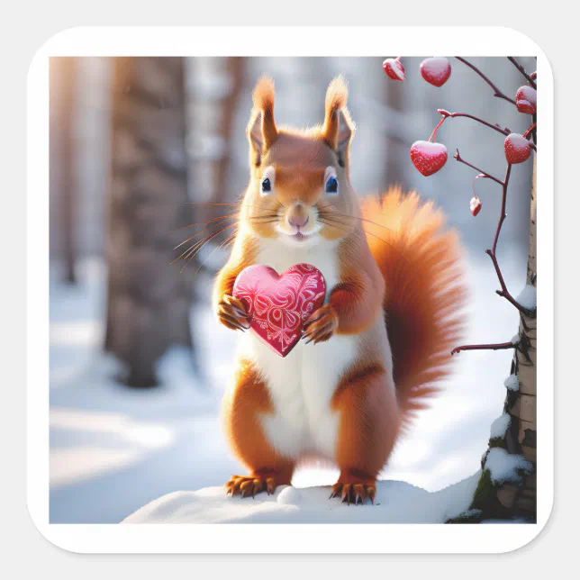Adorable Valentine - Squirrel Holding Red Heart Square Sticker | Zazzle