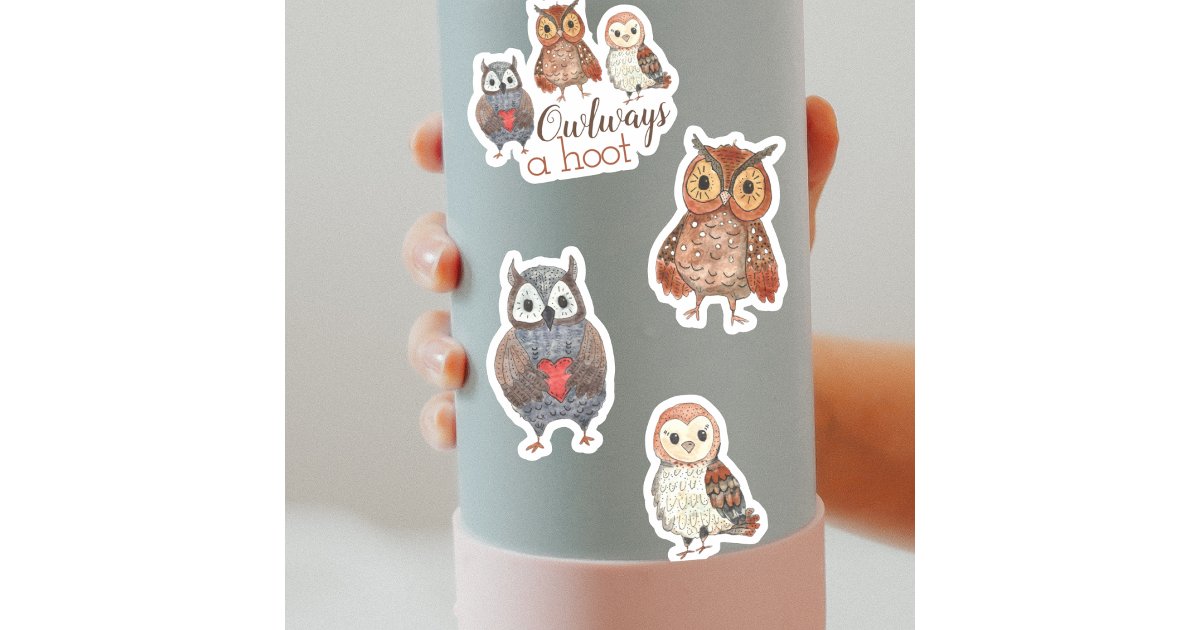Adorable Watercolor Owls Owlways a Hoot Sticker | Zazzle