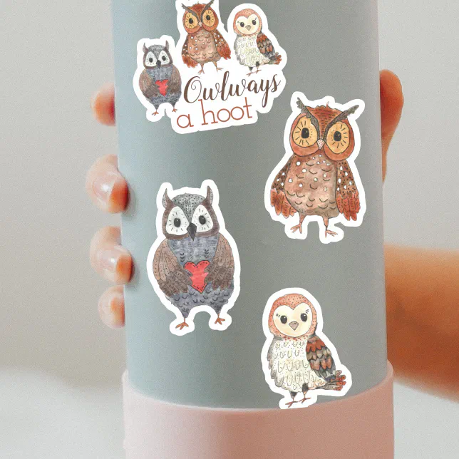 Adorable Watercolor Owls Owlways a Hoot Sticker | Zazzle