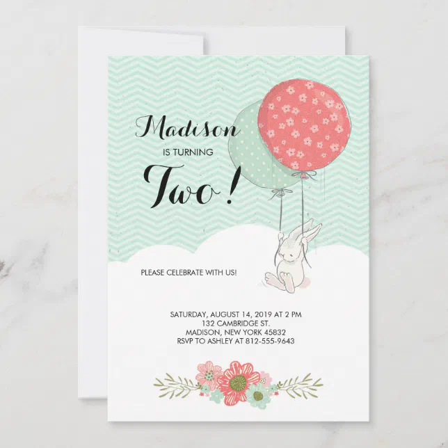 Adorable White Bunny with Balloons Birthday Party Invitation | Zazzle