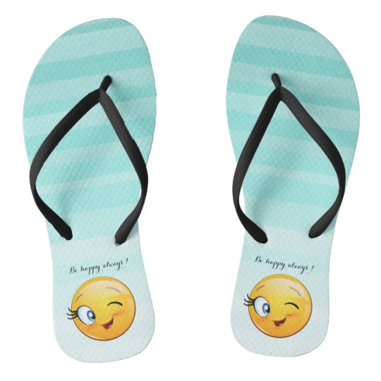 Adorable Winking Emoji Face-Be happy always Flip Flops | Zazzle.com