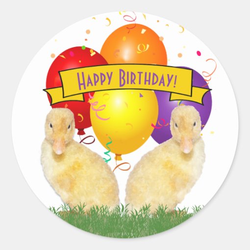 Adorable Yellow Ducklings Happy Birthday Balloons Classic Round Sticker ...