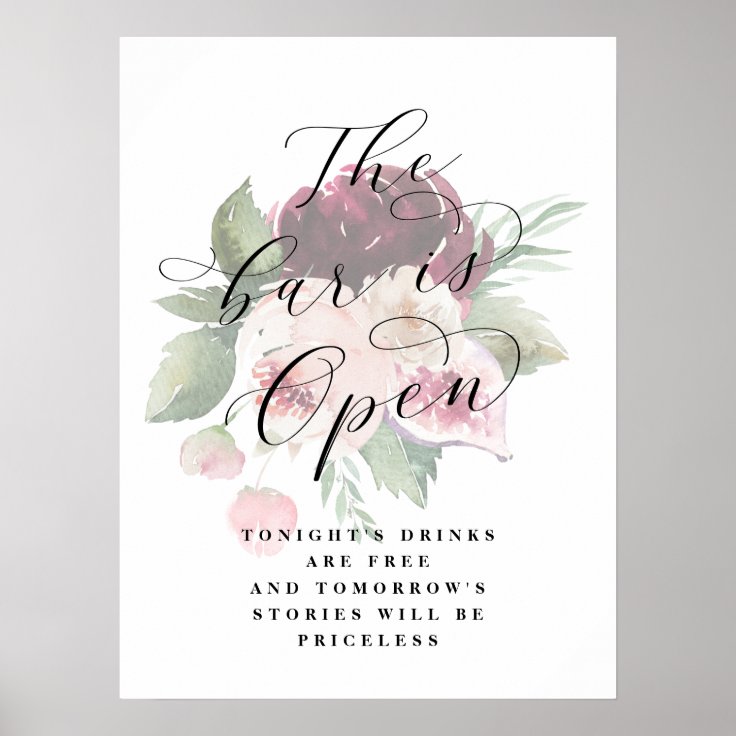 Adore Floral Open Bar Wedding Reception Sign | Zazzle