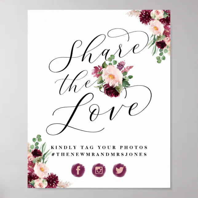 Adore Floral Share the Love Photo Hashtag Sign | Zazzle