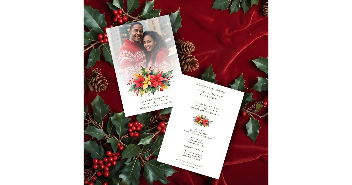 Adorned Christmas Floral Garland Poinsettias Photo Invitation | Zazzle