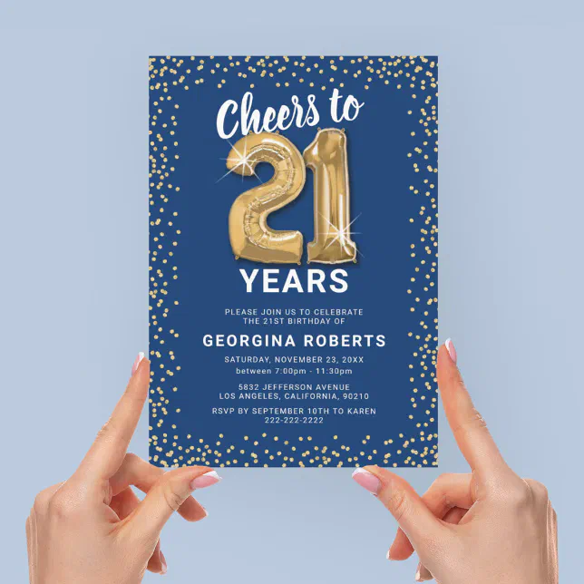 Adult 21st Birthday Blue Gold Invitation | Zazzle
