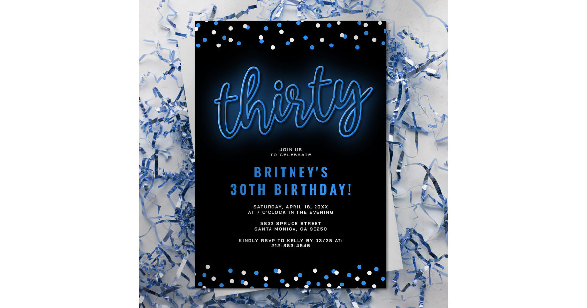 Adult Blue Neon 30th Birthday Party Invitation | Zazzle