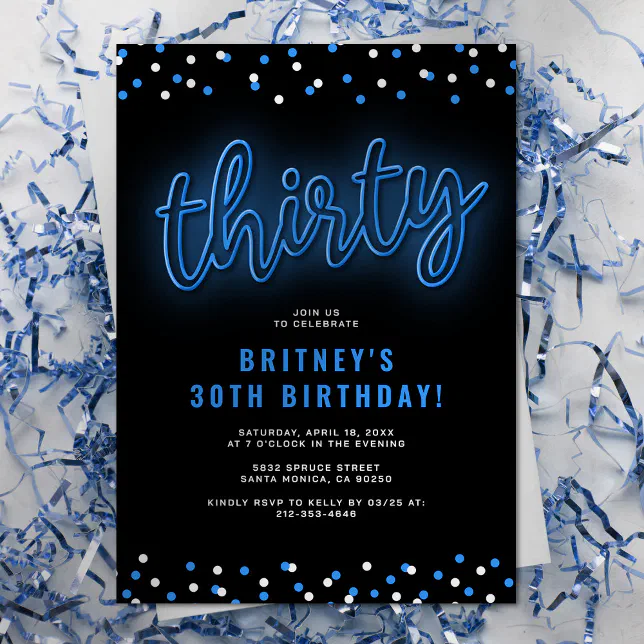 Adult Blue Neon 30th Birthday Party Invitation | Zazzle