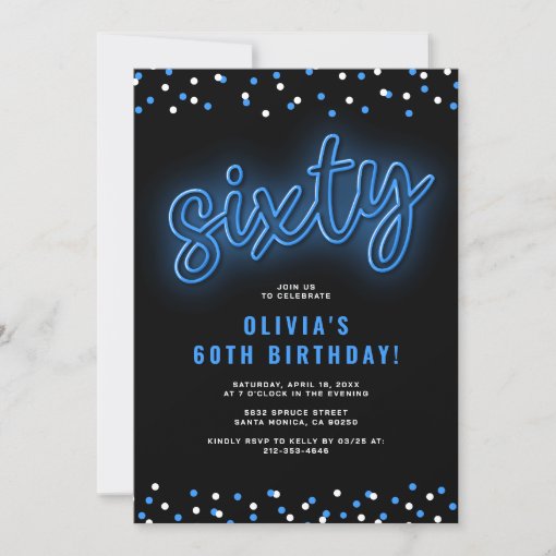 Adult Blue Neon 60th Birthday Party Invitation | Zazzle