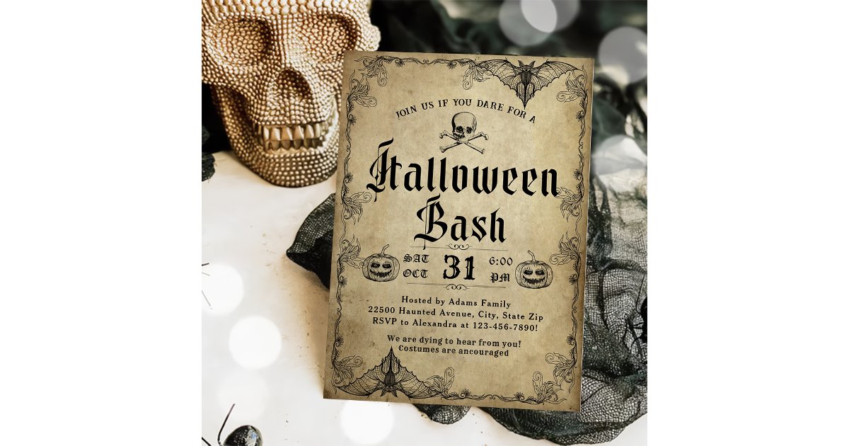 Adult Halloween Bash Vintage Gothic Skull Invitation | Zazzle