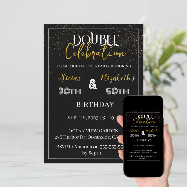 Adult Joint Birthday Party Black & Gold Combined Invitation | Zazzle