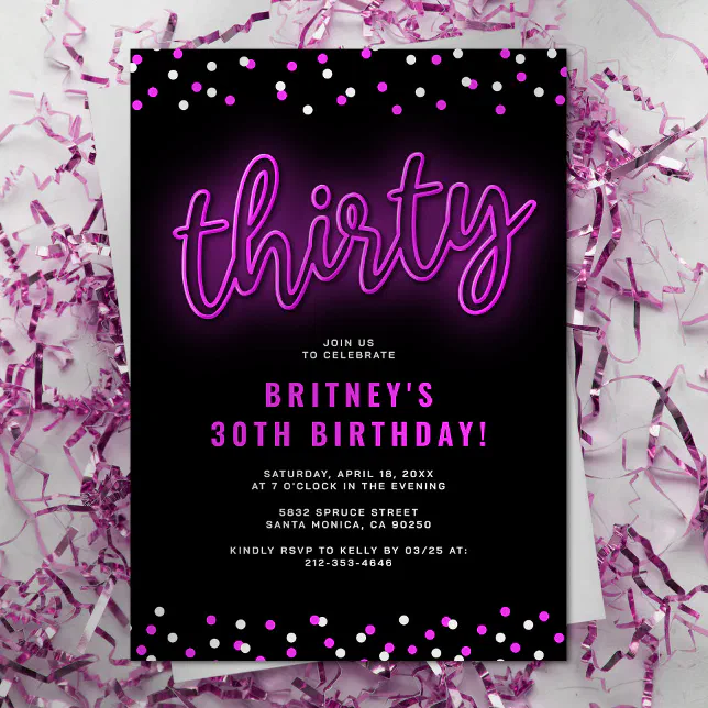 Adult Pink Neon 30th Birthday Party Invitation | Zazzle