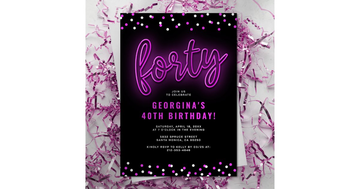 Adult Pink Neon 40th Birthday Party Invitation | Zazzle