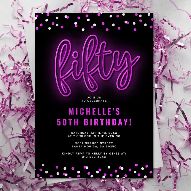 Adult Pink Neon 50th Birthday Party Invitation | Zazzle