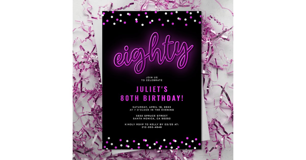 Adult Pink Neon 80th Birthday Party Invitation | Zazzle