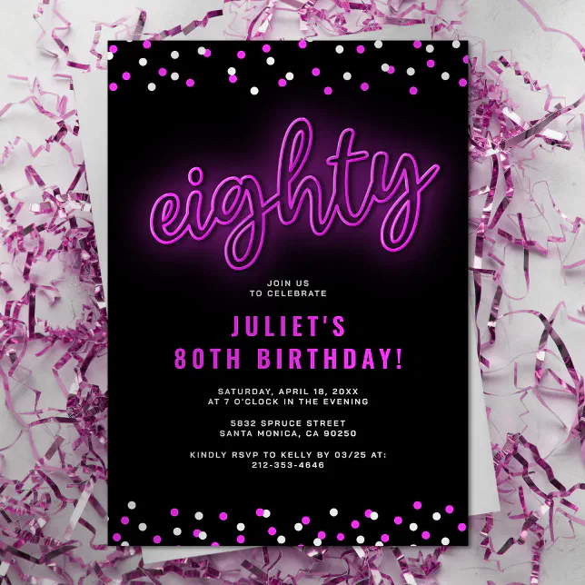 Adult Pink Neon 80th Birthday Party Invitation | Zazzle