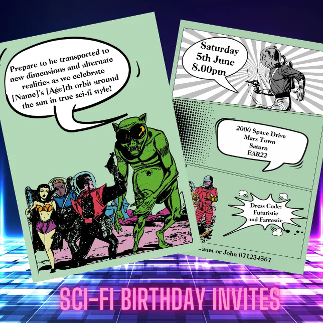 Adult Sci Fi party Science Fiction Alien comic Invitation | Zazzle
