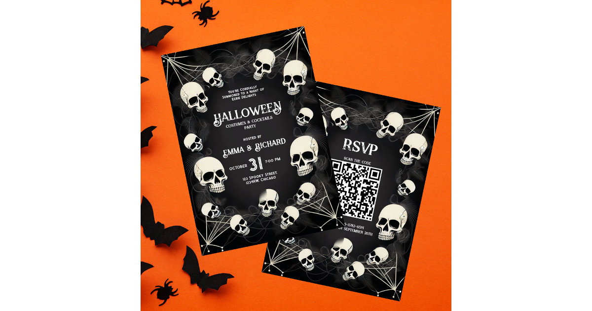 Adult Skull Spider Webs QR Code Halloween Party Invitation | Zazzle