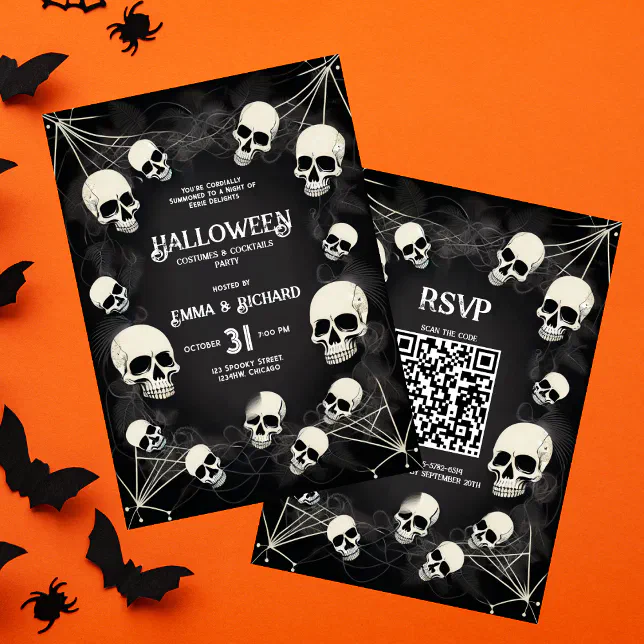 Adult Skull Spider Webs QR Code Halloween Party Invitation | Zazzle