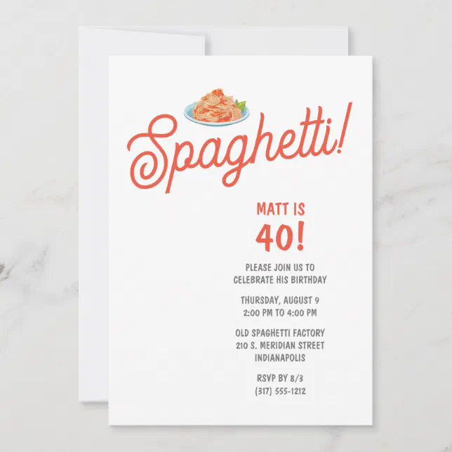 Adult Spaghetti Birthday Party Invitation | Zazzle