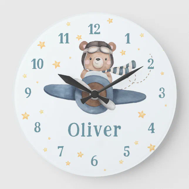 Adventure Aviation Cute Bear Blue Plane Large Clock | Zazzle