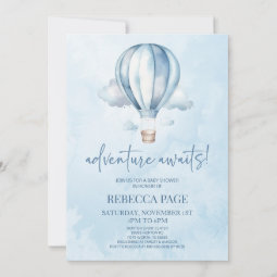 Adventure Awaits! Blue Hot Air Balloon Baby Shower Invitation | Zazzle