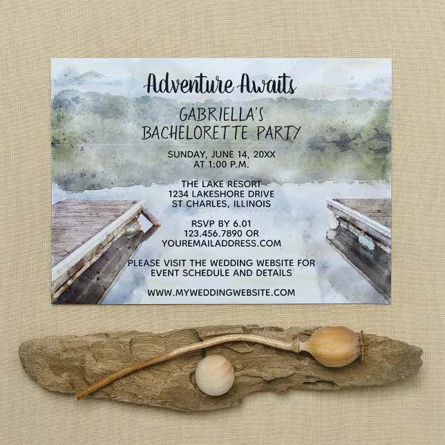 Adventure Awaits Boat Dock Lake Bachelorette Party Invitation | Zazzle