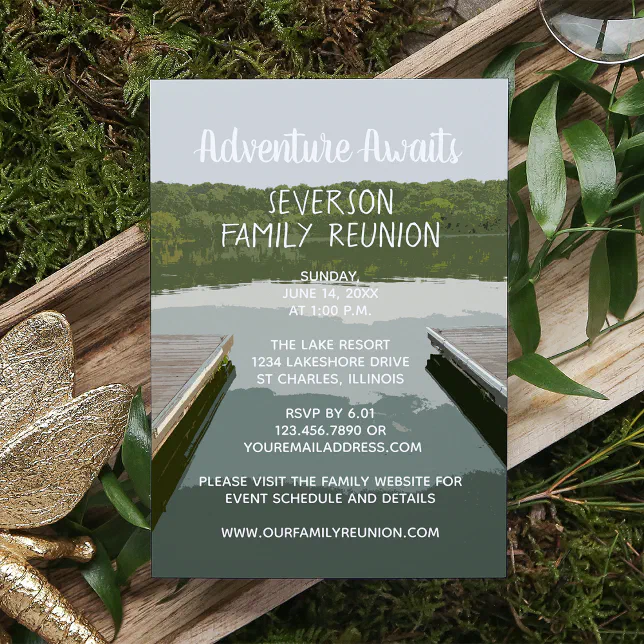 Adventure Awaits Boat Dock Lake Family Reunion Invitation | Zazzle