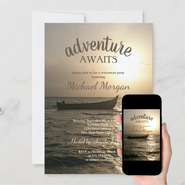 Adventure Awaits,Boat Sunset Sea Retirement Party Invitation | Zazzle