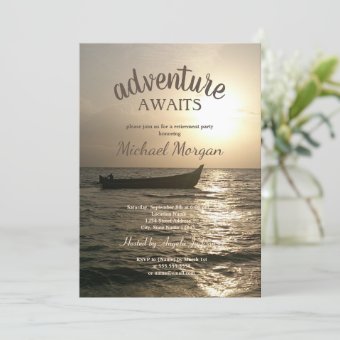 Adventure Awaits,Boat Sunset Sea Retirement Party Invitation | Zazzle