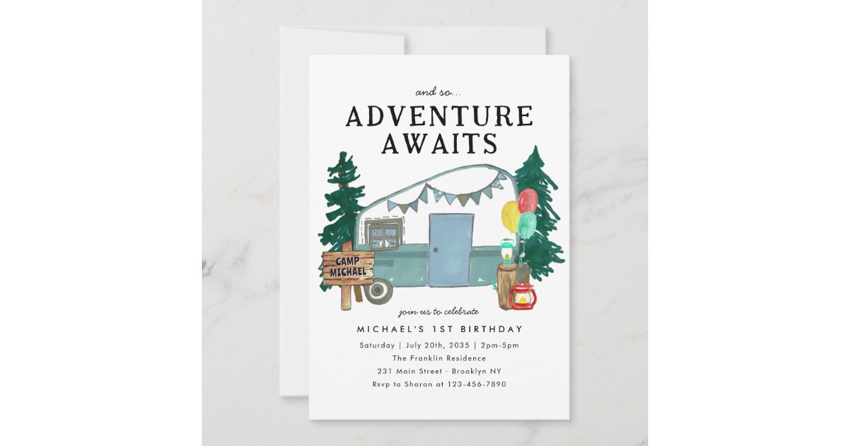Adventure Awaits Camper Trees Camping Birthday Invitation | Zazzle