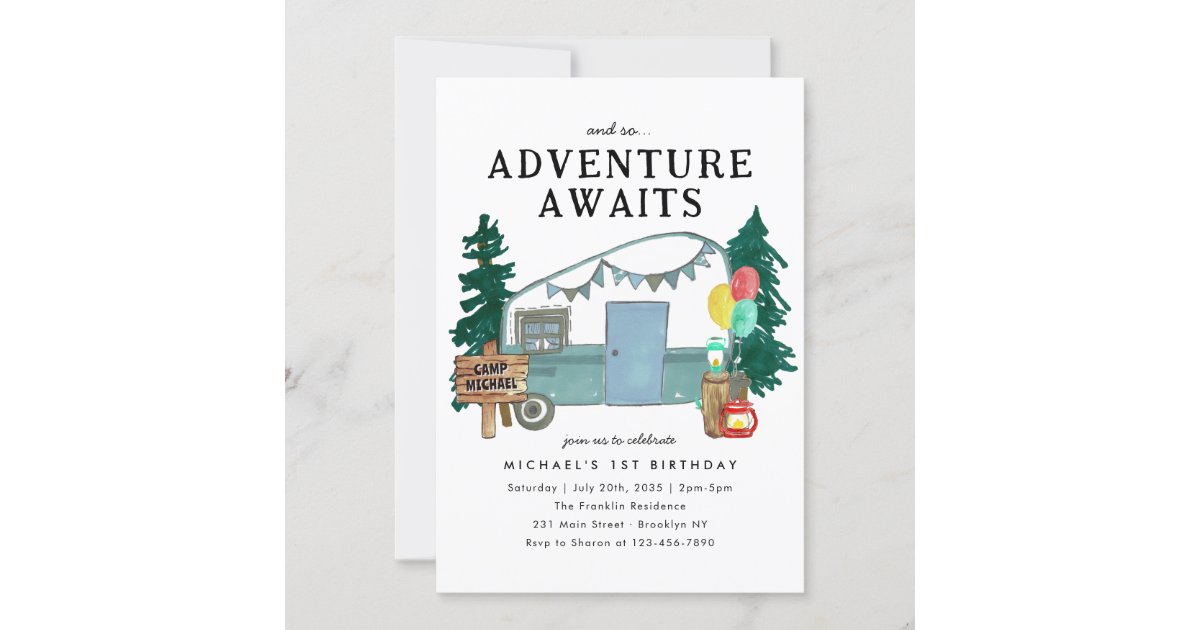 Adventure Awaits Camper Trees Camping Birthday Invitation | Zazzle