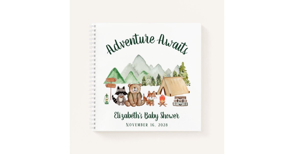 Adventure Awaits Camping Baby Shower Guest Book | Zazzle