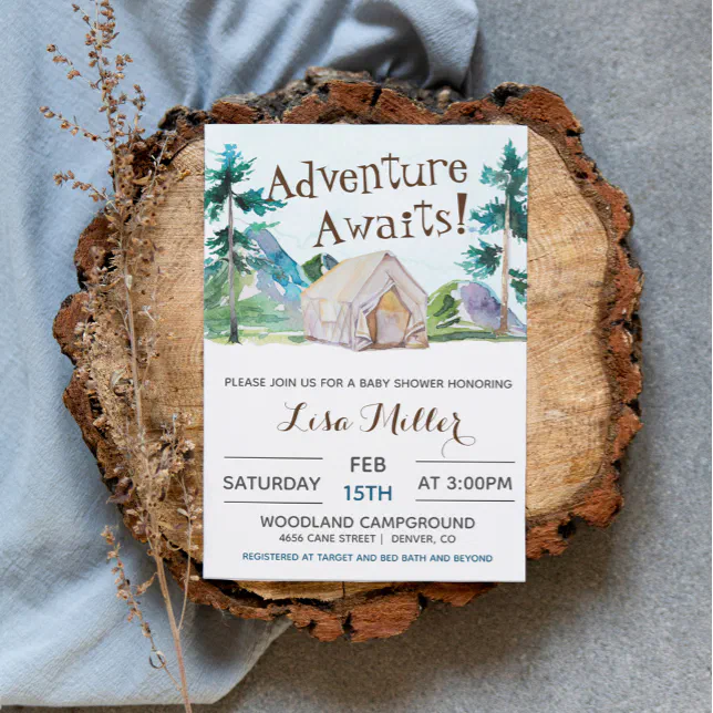 Adventure Awaits Camping Baby Shower Invitation | Zazzle