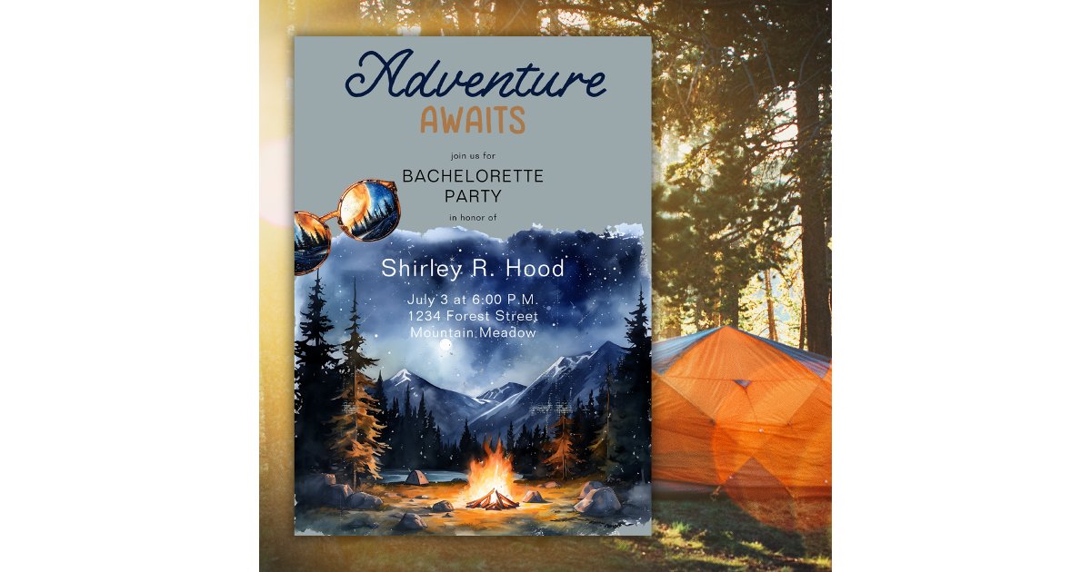 Adventure Awaits Camping Bachelorette Party Invitation | Zazzle