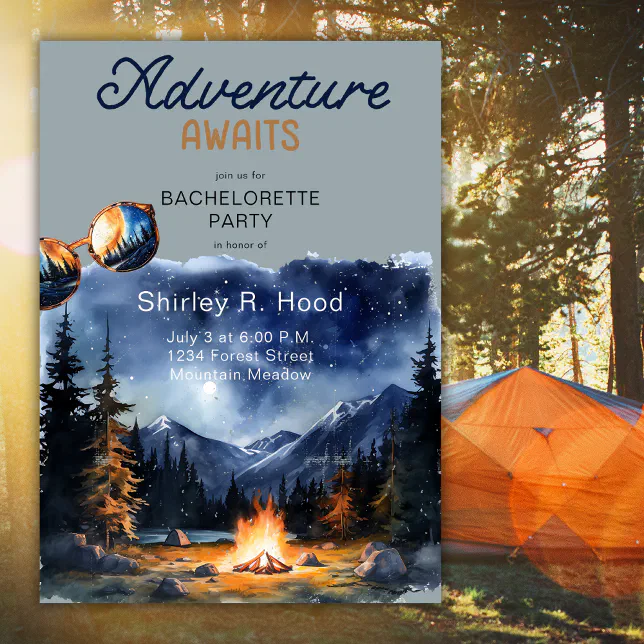 Adventure Awaits Camping Bachelorette Party Invitation | Zazzle