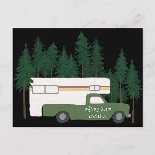 ADVENTURE AWAITS Camping Camper Truck RV Postcard | Zazzle
