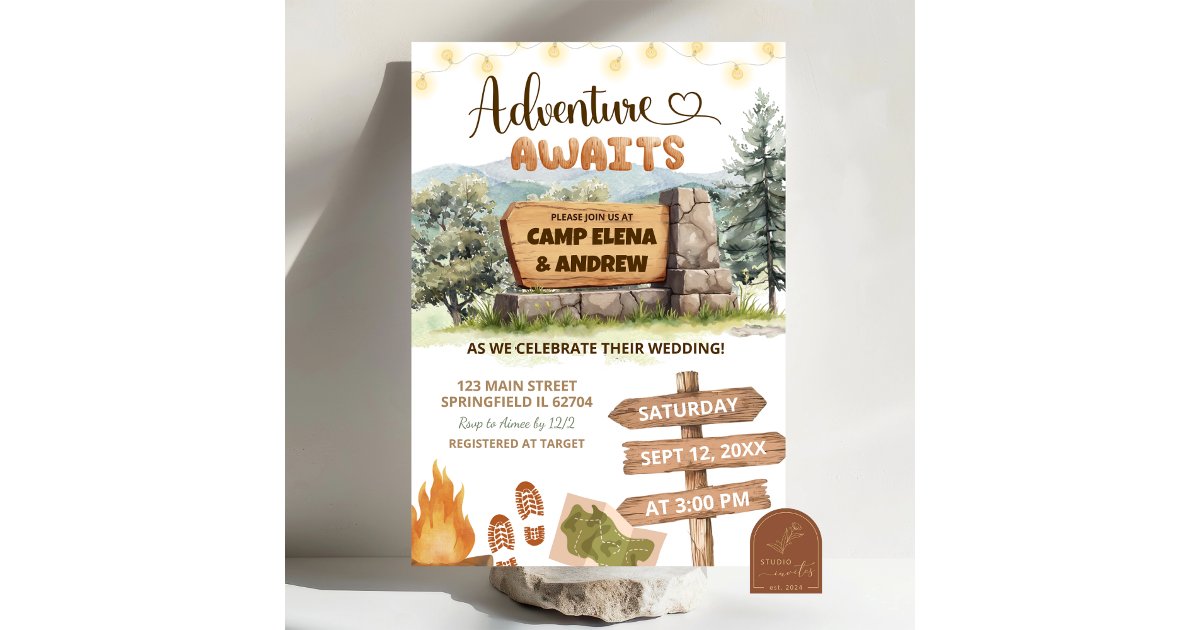 adventure awaits camping ground wedding invitation | Zazzle