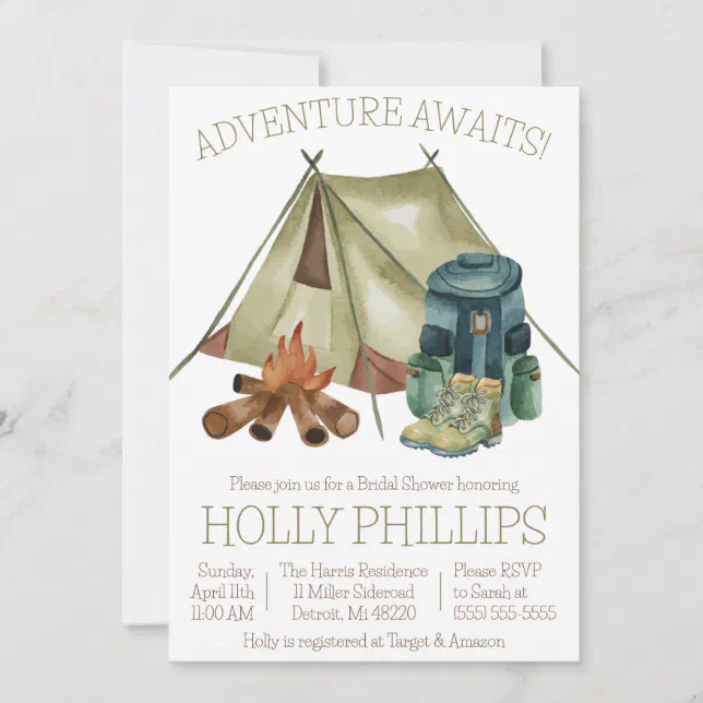 Adventure Awaits! Camping, Hiking Bridal Shower Invitation | Zazzle