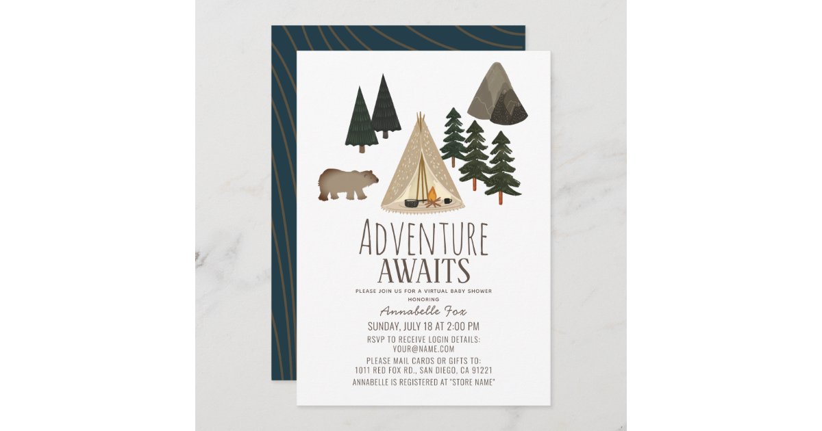 Adventure Awaits Camping Virtual Baby Shower Invitation | Zazzle