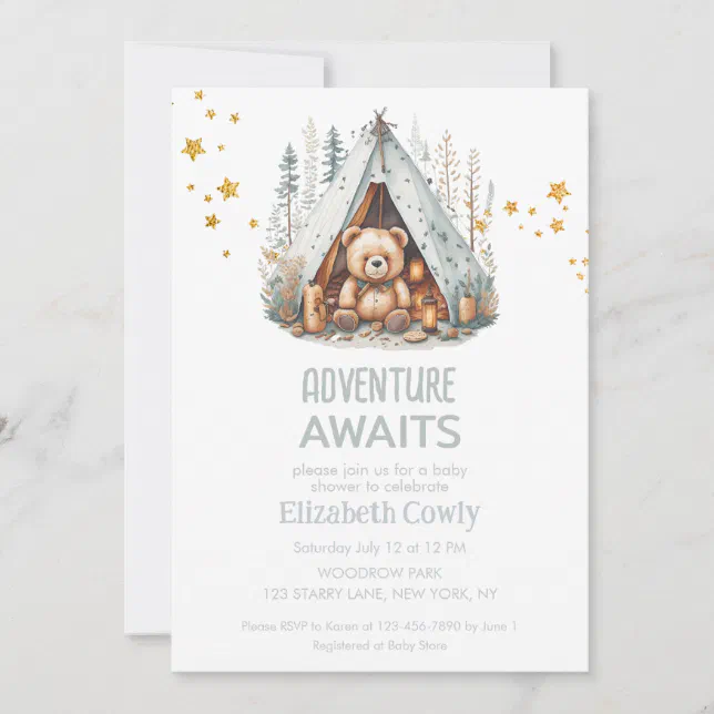 Adventure Awaits Cute Woodland Camping Baby Shower Invitation | Zazzle
