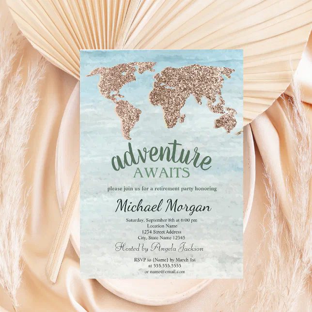 Adventure Awaits Glitter World Map Retirement Invitation | Zazzle