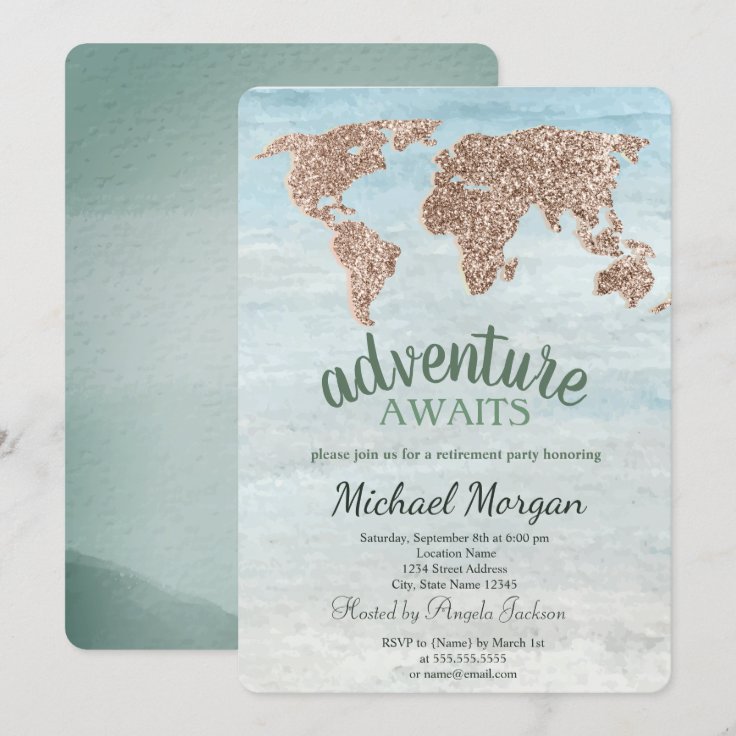 Adventure Awaits Glitter World Map Retirement Invitation | Zazzle